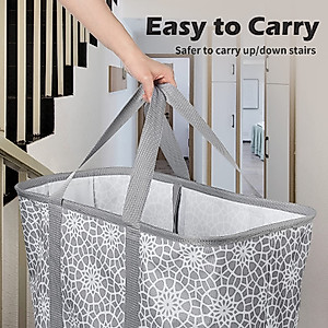 YOHOM Portable Laundry Caddy, Collapsible Basket Tote, Space-Saving Foldable Laundry Hamper, Pop-Up Storage Basket with Long Carry Handles for Dorm Dirty Clothes (Gray Flower, Large)