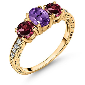 Gem Stone King 2.07 Ct Purple Amethyst Red Rhodolite Garnet 18K Yellow Gold Plated Silver Ring (Size 7)