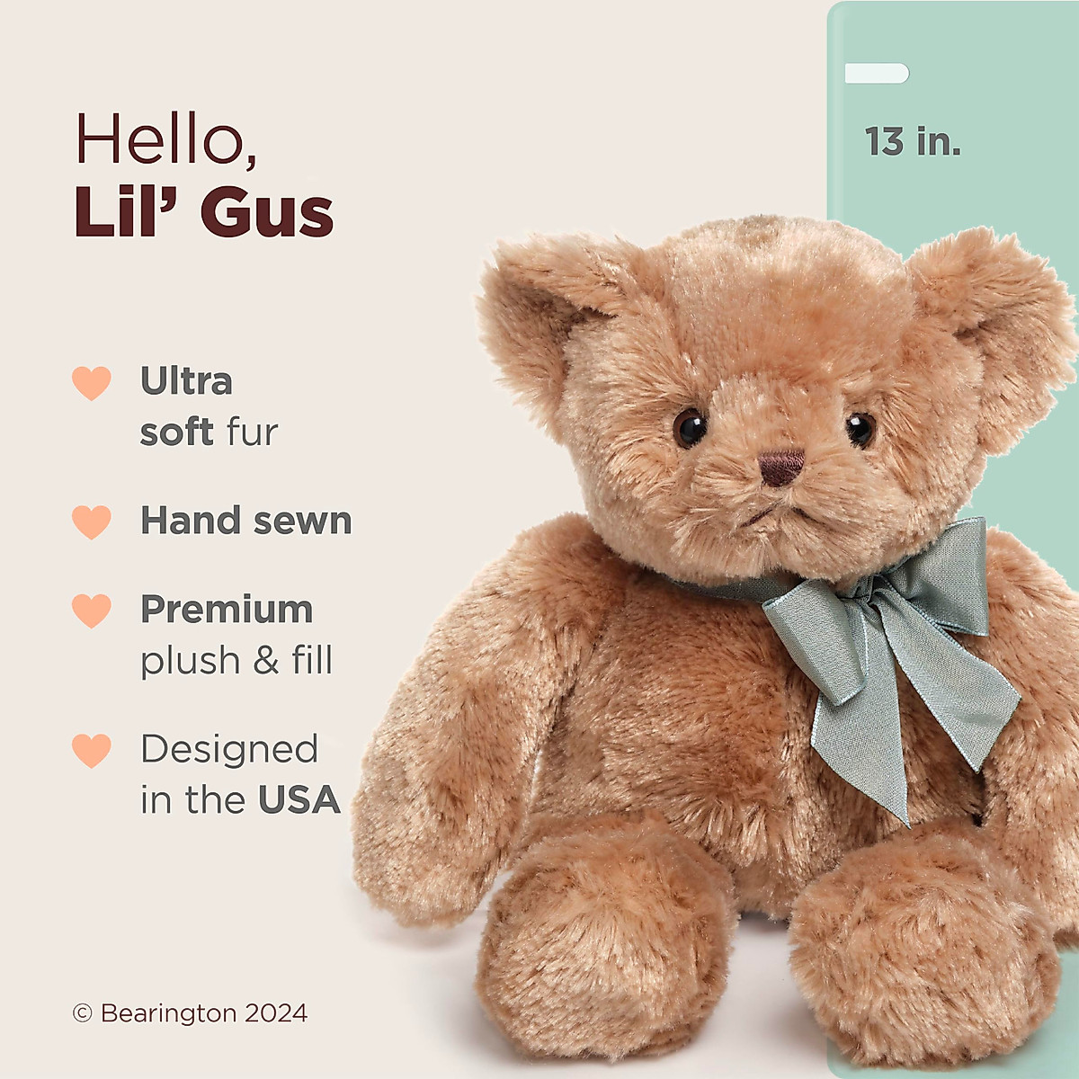 Bearington Collection Baby Gus The Brown Teddy Bear Plush, 13 Inch Bear Stuffed Animal