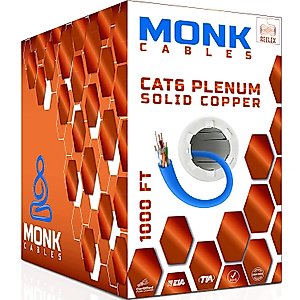 MONK CABLES | CAT6 Plenum Cable 1000ft | 100% Pure Copper | UTP, 23AWG, 550MHz | DSX-8000 Certified | Most Certified Cable of The Whole Market (Blue)