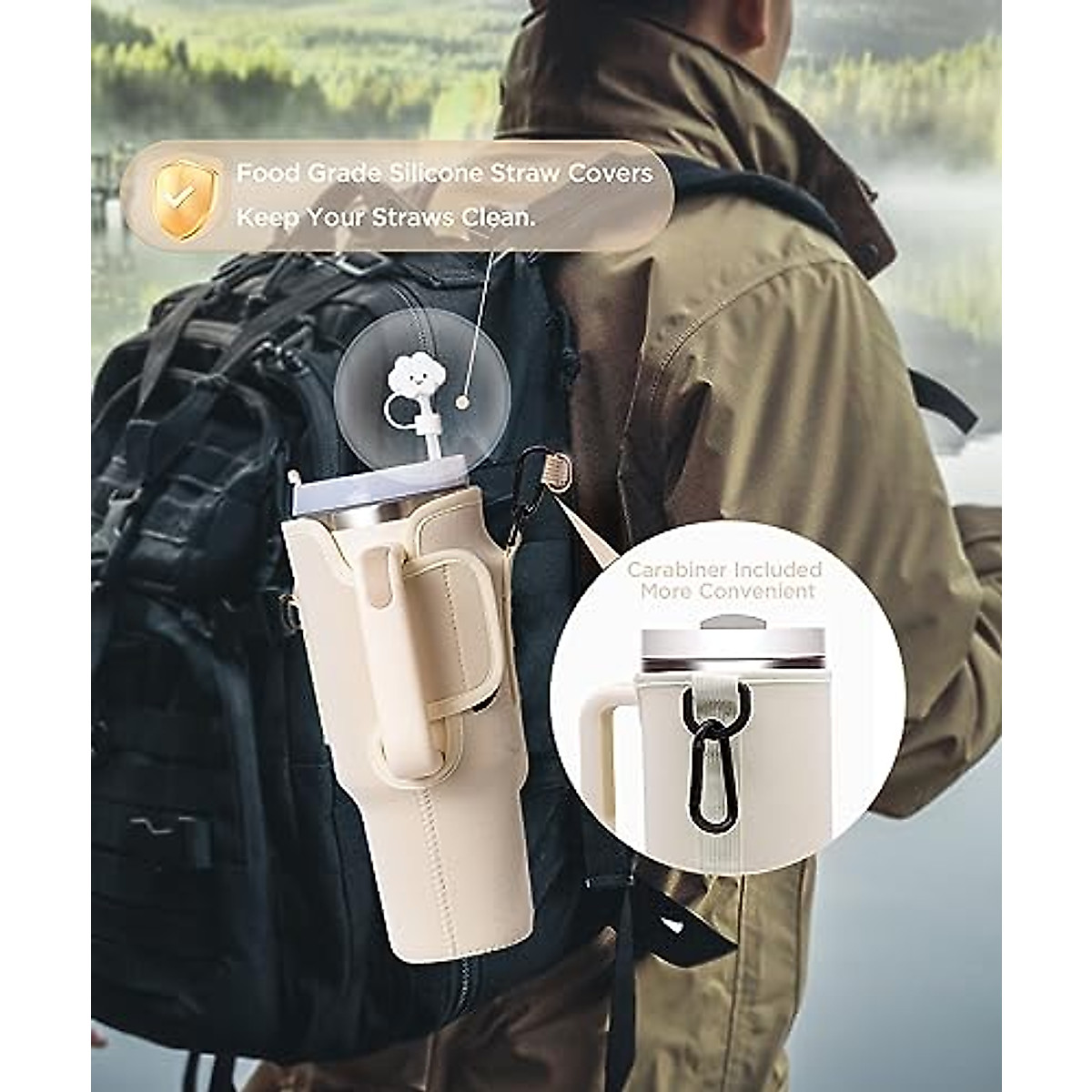 Water Bottle Carrier Bag with Phone Pocket for Stanley 40oz Tumbler with Handle Neoprene Water Bottle Holder Pouch with Adjustable Strap for Stanley Cup Accessories Bollus with Straw Cover & Carabiner