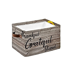 Cube Storage Bins Cloth Towel Organizer Thankful Grateful Blessed Thanksgiving Sunflower Farmhouse Rustic Wooden Fabric Collapsible Storage Baskets with Handles 1 Pack
