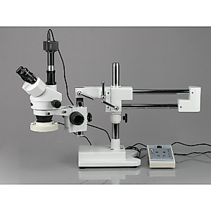 AmScope SM-4TZ-80AM-5M Digital Professional Trinocular Stereo Zoom Microscope, WH10x Eyepieces, 3.5X-90X Magnification, 0.7X-4.5X Zoom Objective, Eight-Zone LED Ring Light, Double-Arm Boom Stand, 110V-240V, Includes 0.5X and 2.0X Barlow Lenses and 5MP Cam