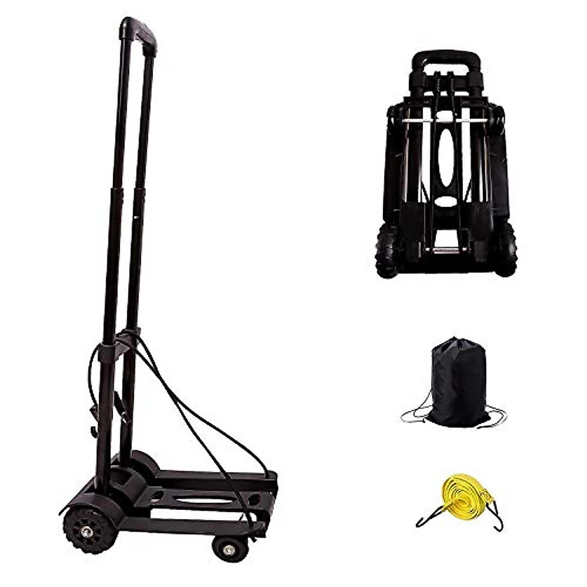 KINJOEK 40kg 88Lbs Folding Hand Truck Dolly, Foldable Luggage Cart for Luggage with 4 Wheels & Bungee Cord, Collapsible, Lightweight Compact Solid Construction Utility Cart for Travel, Black