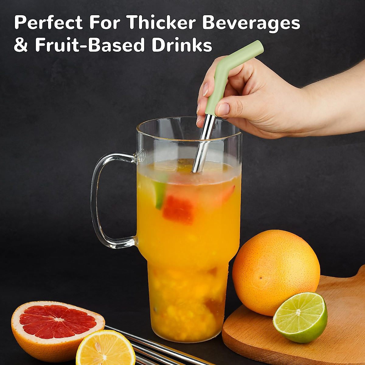 Tomorotec 40oz Straws, 13 Inch Stainless Steel Straw with Silicone Extender Tip for Stanley Adventure Quencher Tumbler 6-Pack with 2 Brushes, 0.35" Diameter Straws Food Grade BPA-Free Colorful Set