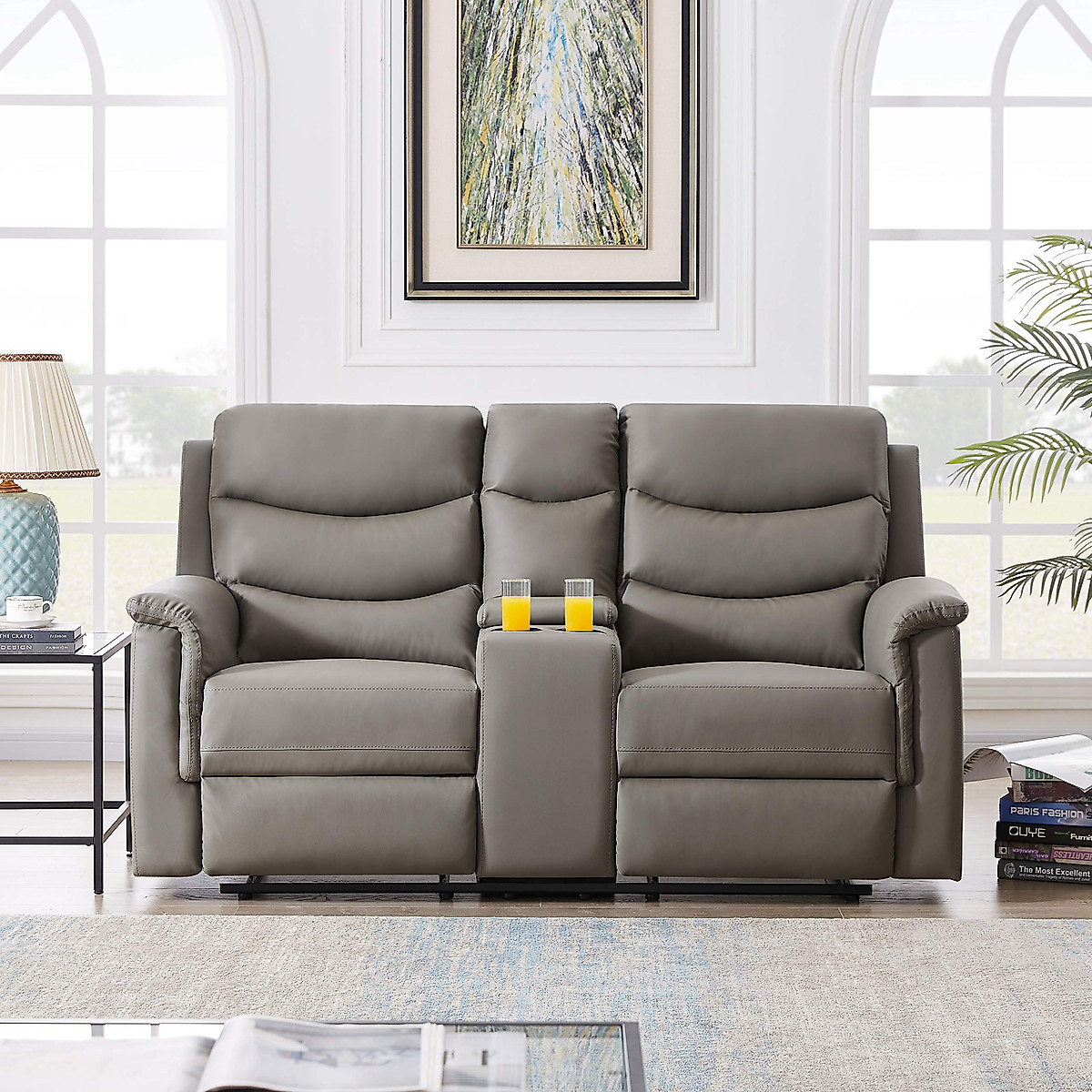 Eafurn Faux Leather Double Recliner Loveseat Console, 2 Seater Love Home Theater Seating RV Furniture,Pillow Top Armrest Manual Recliling Sofa & Couches with Storage & Cup Holders, Grey