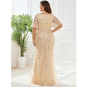 Ever-Pretty Women's V-Neck Sparkly Embroidery Formal Dresses Plus Size Sequin Mother of The Bride Dresses Gold US18