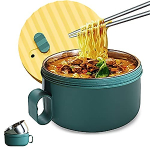 Microwave Ramen Cooker Ramen Bowl Set Microwave Ramen Bowl with Lid and Handle Ramen Noodle Bowl with Chopsticks Stainless Steel Liner Dishwasher Safe for College Dorm Office Home(Yellow&Green)