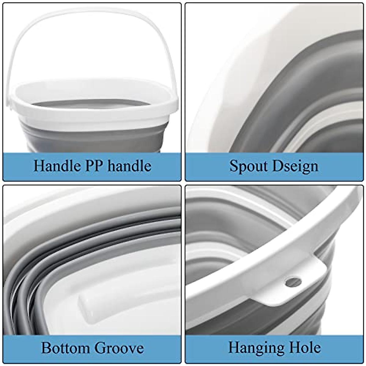 Fasmov 2 Pack Collapsible Plastic Bucket, Portable Cleaning Bucket with Handle, 2.6 Gallon (10L) Foldable Rectangular Tub for Hiking, Backpacking, Camping, Fishing, Car Wash, Gray & Blue