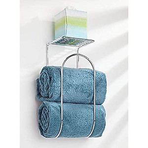 mDesign Modern Metal Wire Wall Mount Towel Rack Holder and Organizer with Storage Shelf - for Bathroom Towels, Washcloths, Hand Towels - Decorative Curved Design - Chrome