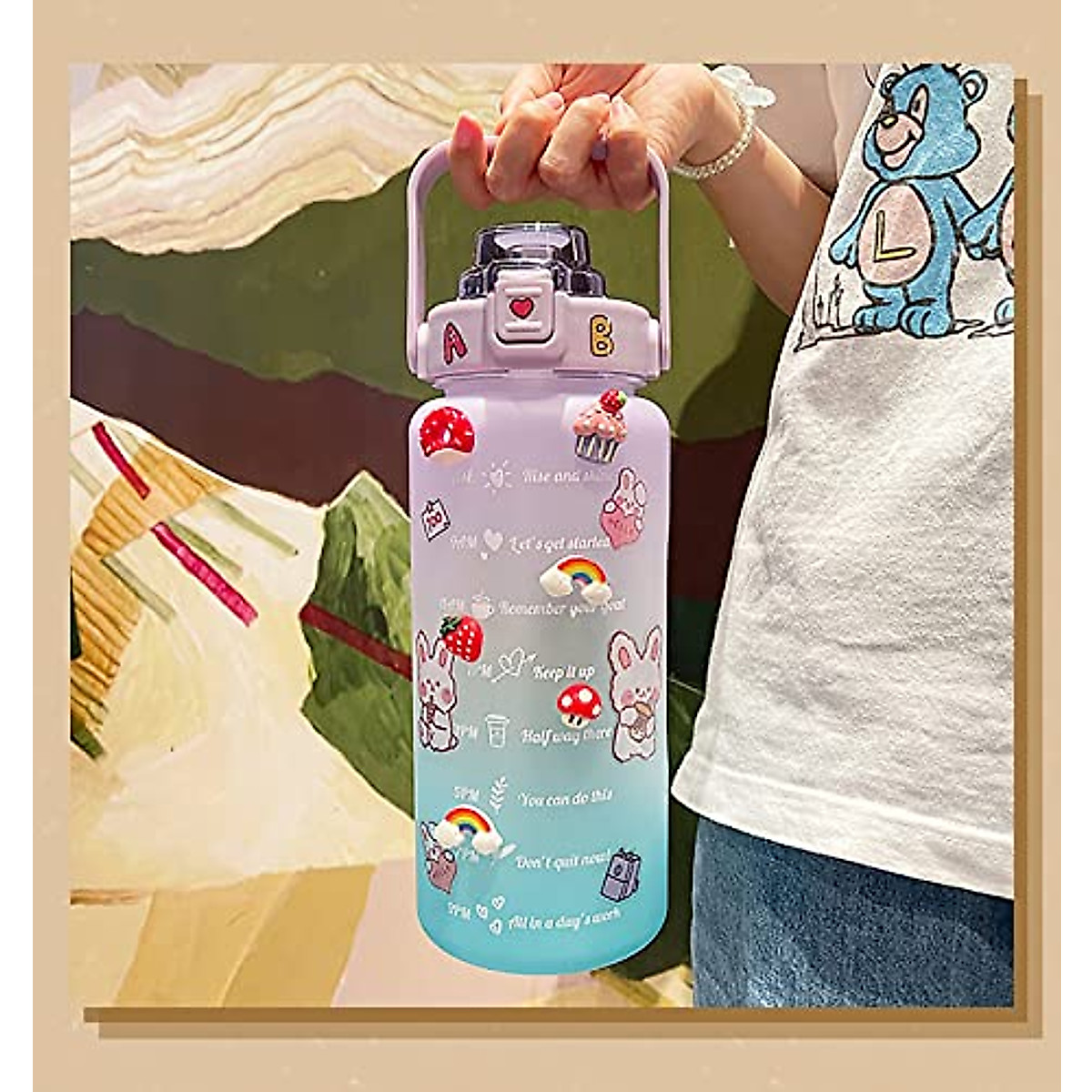 Owlike Motivational BPA Free Water Jug with Handle 2L Large Capacity Matte Water Bottle Kettle with Time Marker Straw for Sports Fitness