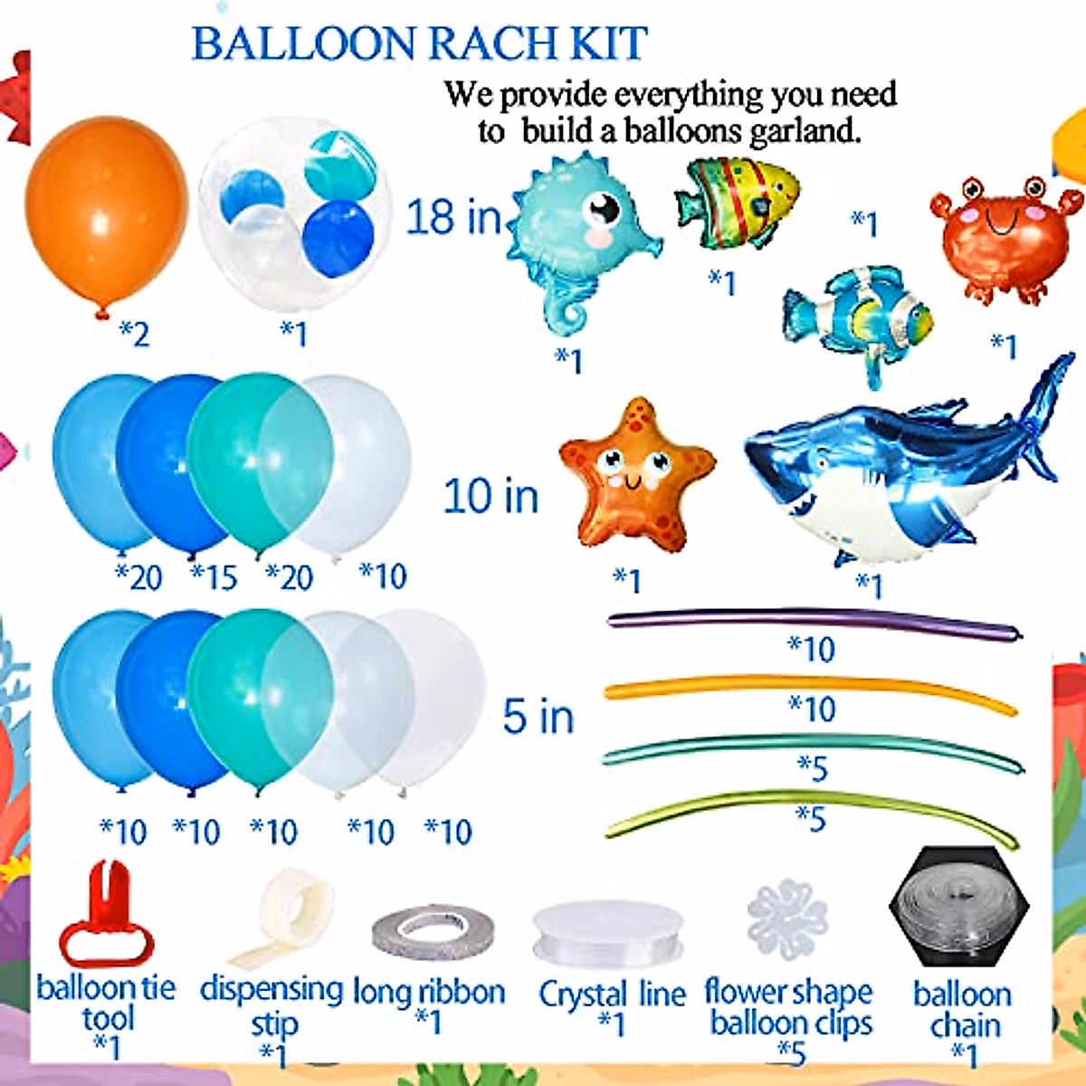 160PCS Ocean Animals Birthday Party Decoration Blue Sea Balloons Garland Kit with Shark Bubble Fish ClownfishHippocampus Crab Starfish for Undersea Theme Birthday Boy Baby Shower Party Supplies