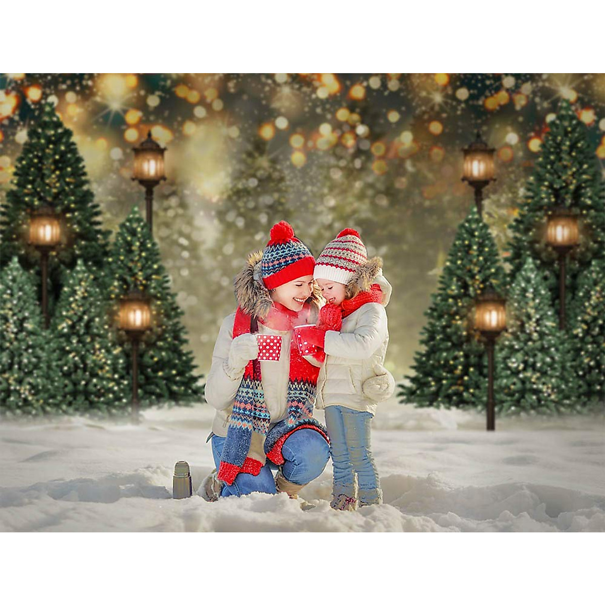 Mocsicka 10x8ft Winter Christmas Backdrop for Photography Christmas Glitter Bokeh Green Pine Tree Lamps Photo Backdrop Xmas Family Pictures for Kids Newborn Photography Background