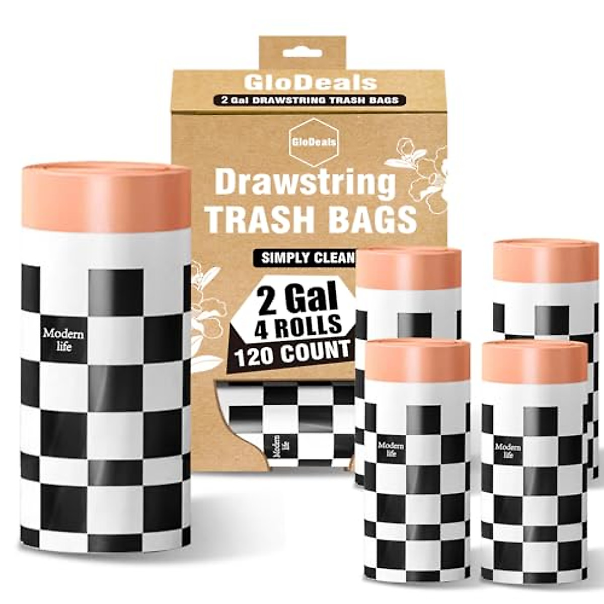 2 Gallon Trash Bags, GloDeals Small Trash Bag/Drawstring Garbage Bags, 120 Count Wastebasket Liners Durable Small Trash Bags for Bathroom, Kitchen, Bedroom, Office, Unscented, Individual Design