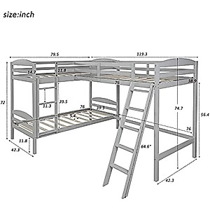 STP-Y Twin Over Twin Bunk Bed with 2 Ladders, Twin L-Shaped Bunk Bed and Loft Bed with Full-Length Guardrail, 3 Solid Wooded Bed Frames for Kids (Gray)