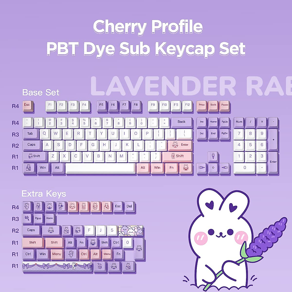 YUNZII Lavender Rabbit Dye Sub PBT Keycaps,140 Full Keys Dye Sublimation PBT Custom Keycaps with Key Puller for Cherry Gateron MX Switches Mechanical Gaming Keyboard(Cherry Profile,Lavender Rabbit)