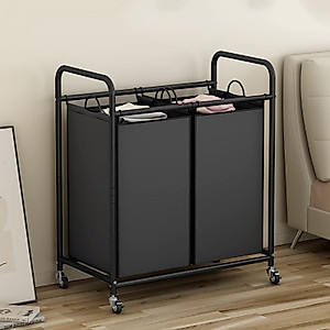 SUOERNUO Laundry Sorter Basket 2 Bag Laundry Hamper Cart with Rolling Lockable Wheels and Removable Bags Laundry Organizer Cart for Clothes Storage, Black