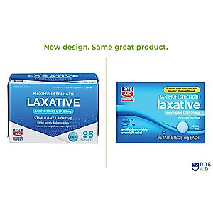 Rite Aid Maximum Strength Laxative, Sennosides USP Tablets, 25 mg, 96 Count | Constipation Relief Laxative Extra Strength | Overnight Fast Acting Laxative | Fiber Supplement & Stool Softeners Softgels