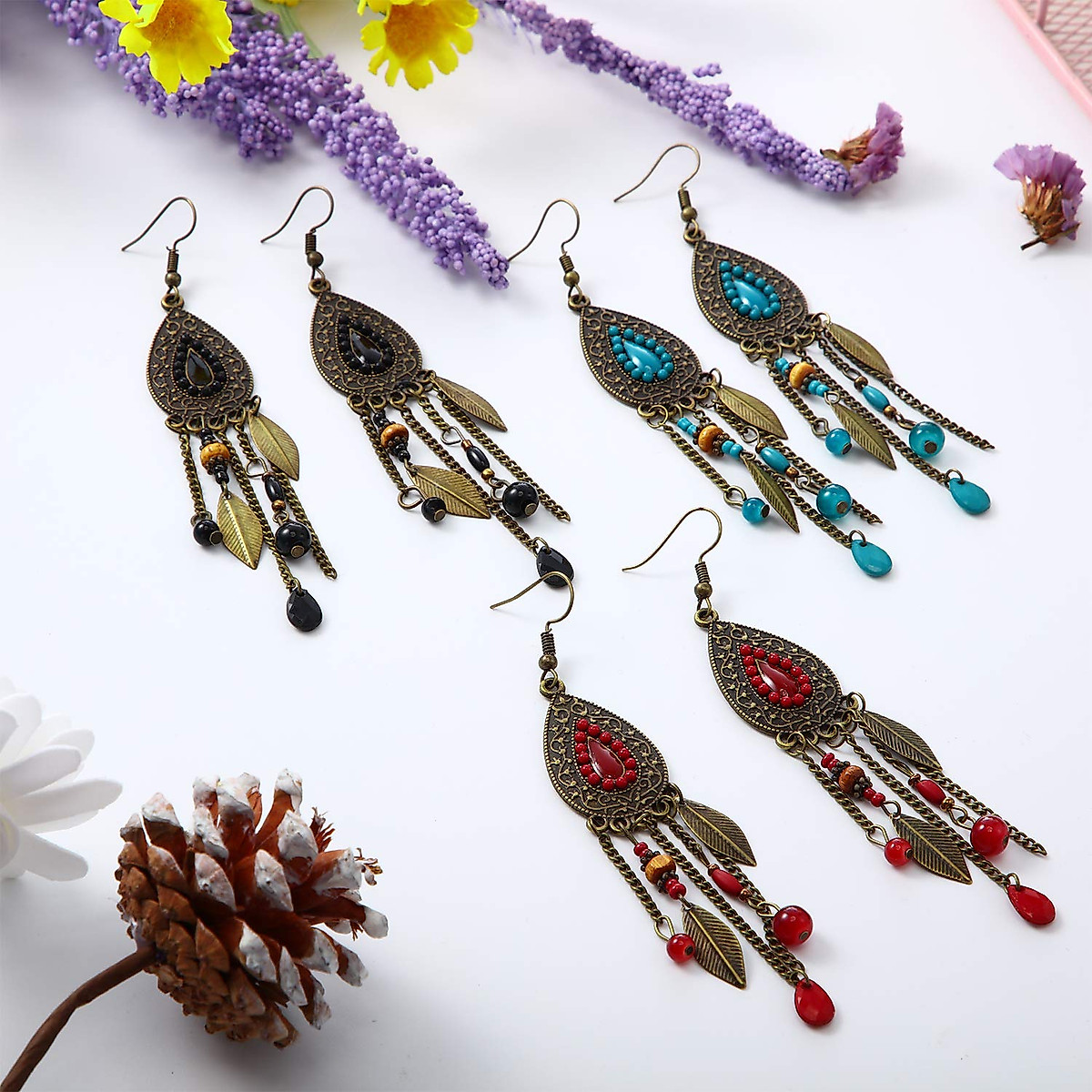6 Pairs Women Faux Feather Earrings Dream Catcher Earring Bohemian Fringe Tassel Long Drop Dangle Earrings Set with Design for Women (Style 5)