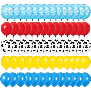 60Pcs 12inch Toy Inspired Story Balloons Kit Cow Pattern Cloud Yellow Red Blue Green Latex Balloons for Kids Toy Inspired Story Theme Birthday Party Supplies Decorations