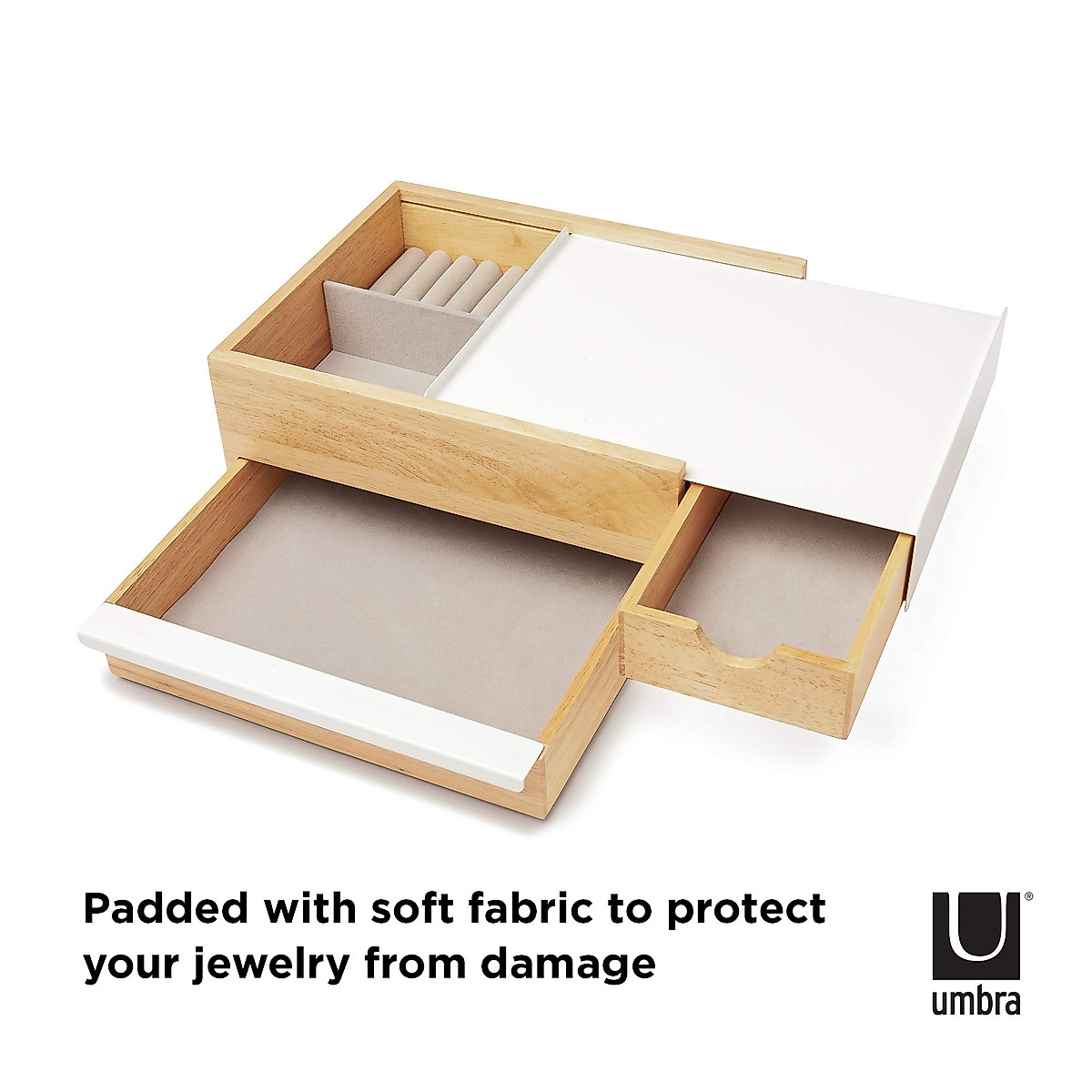 Umbra Stowit Jewelry Box - Modern Keepsake Storage Organizer with Hidden Compartment Drawers for Ring, Bracelet, Watch, Necklace, Earrings, and Accessories (White / Natural)