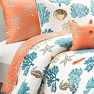 Lush Decor Coastal Reef Feather Reversible Quilt Set, 5 Piece Set, Twin/ Twin XL, Blue & Coral - Beach Bedding Set - Coastal Twinxl Quilt Sets - Tropical Beach House Decor For Kids Or Teen's Dorm Room