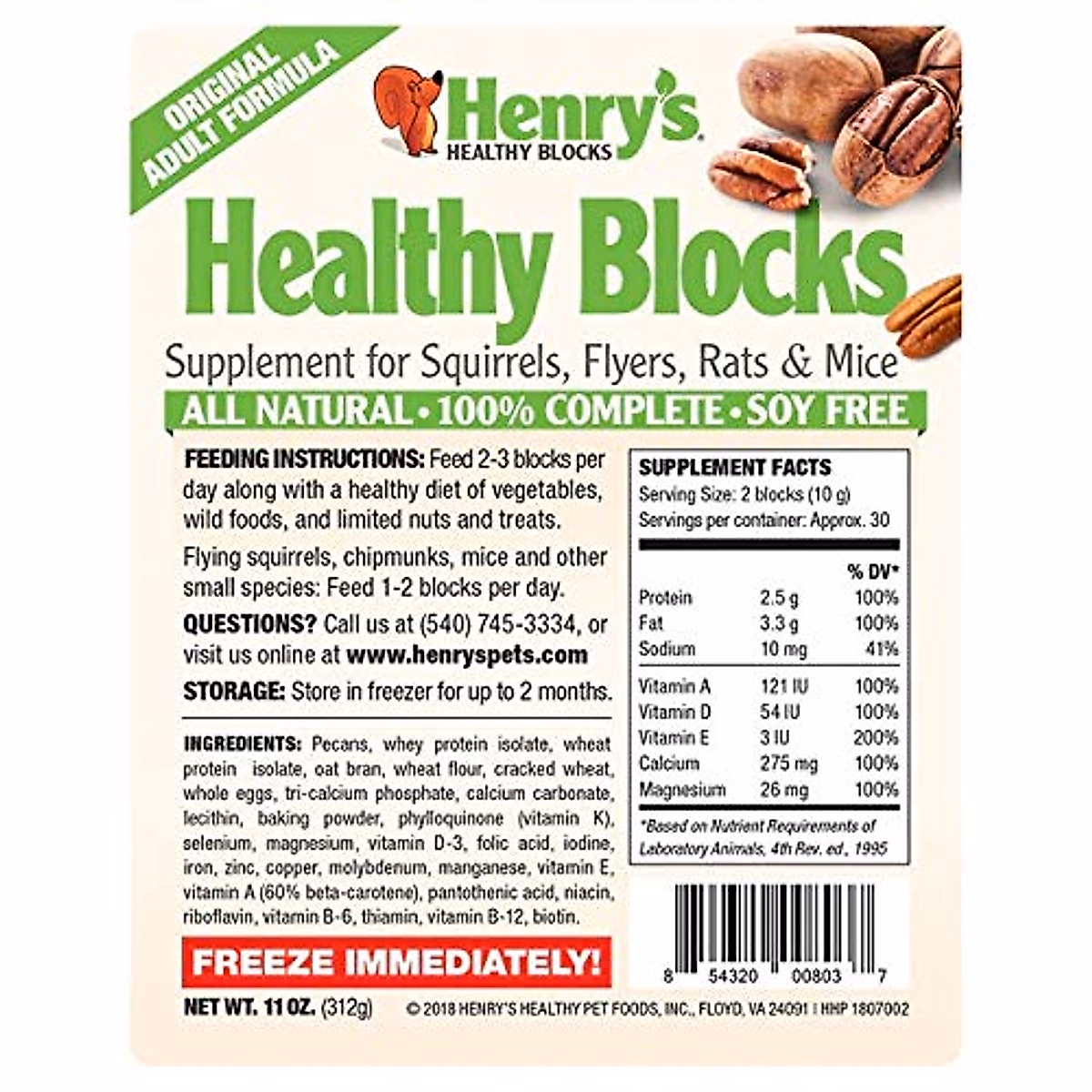 Henry's Healthy Blocks - Nutritionally Complete Food for Squirrels, Flying Squirrels, and Chipmunks, 11 Ounces