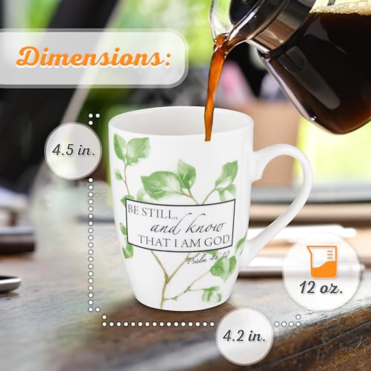 Christian Art Gifts Ceramic Coffee and Tea Mug 12 oz Inspirational Bible Verse Mug for Women and Men: Be Still and Know - Psalm 46:10 Microwave and Dishwasher Safe White Mug with Green Leaf