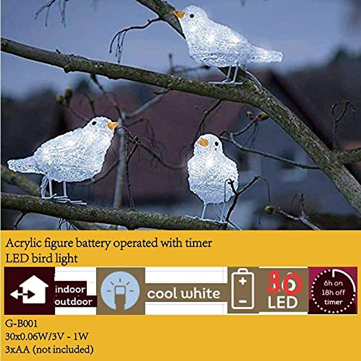 Acrylic String Birds 3 PCS Lighted Cool White Xmas Decorations Indoor Outdoor Holiday Decorations for Yard Garden Bar Party Cute Birthday Gifts Timer Battery Operated G-B006A