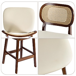 Counter Height Bar Stools Set of 3 Rattan Barstools with Back and Wood Frame, PU Leather Upholstered Bar Chairs, Mid Century Modern Farmhouse Counter Stool for Kitchen Island/Home Bar, Cream White