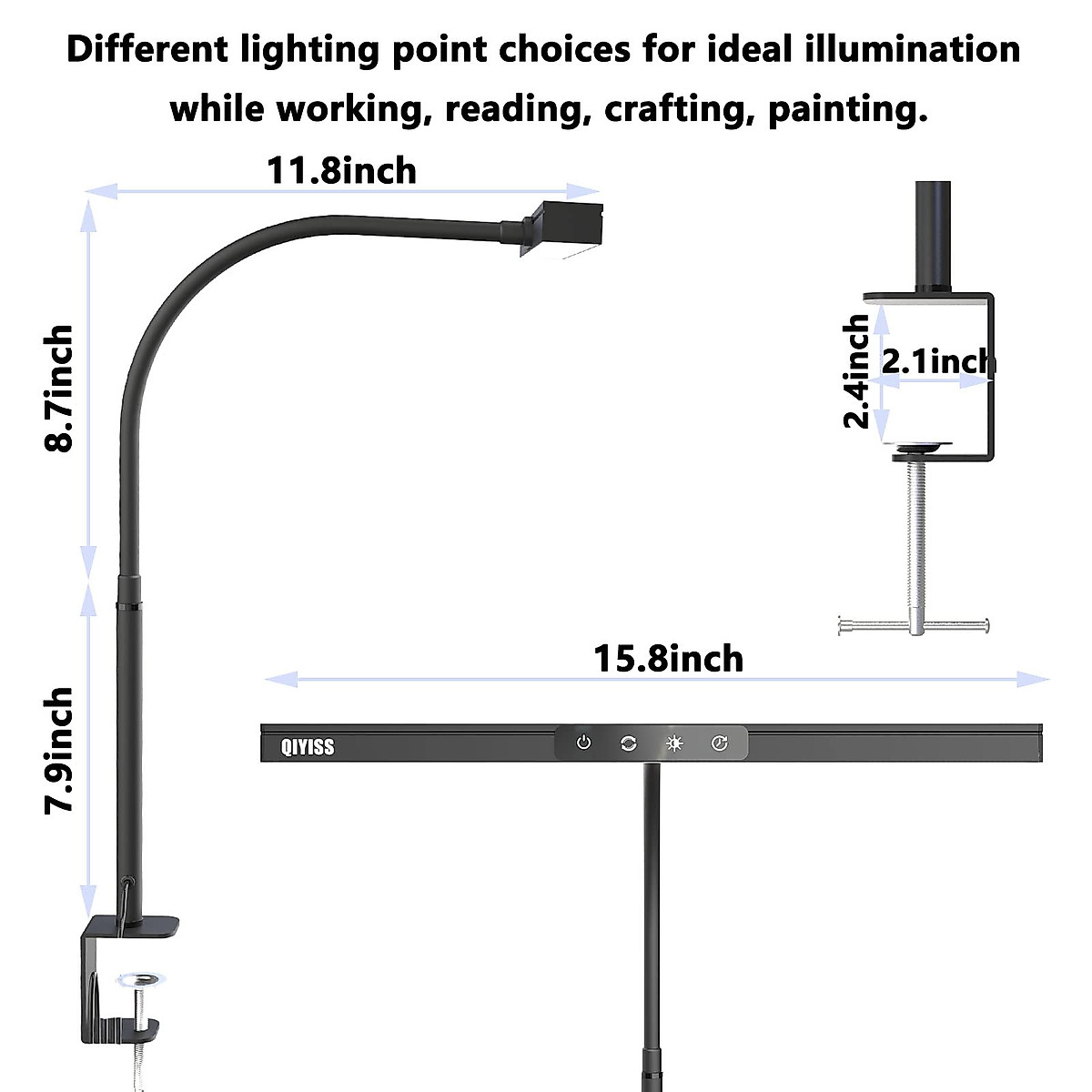 QIYISS LED Desk Lamp, Clamp Lamp with Flexible Gooseneck 360°Rotate,12W LED 3 Modes 5 Brightness, Timer，15.75" Wide Office Eye Protection Light 1100LM Large Bright Desk Lights with Stepless Dimming