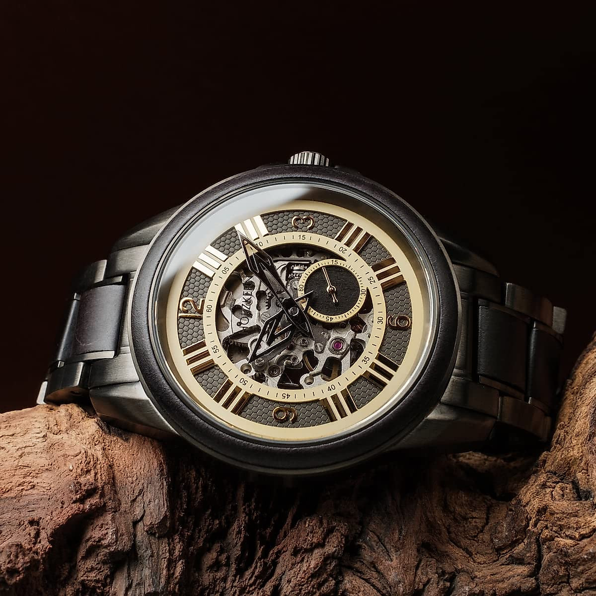 HOLZKERN Navona Men’s Watch, 43mm Gold/Gray Skeleton Dial, Brushed Stainless Steel Strap, Vintage Watch for Men