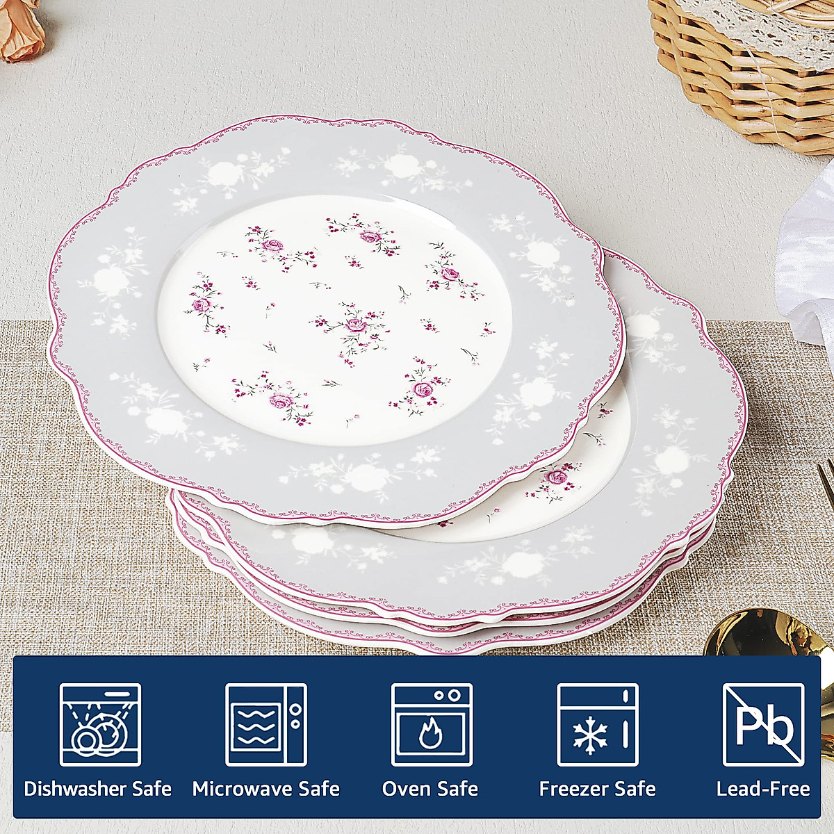 fanquare 8 Inch Porcelain Dessert Plates Set of 4, Lace Serving Bowls Set for Salad, Soup, Pasta, Snack, Pink Roses
