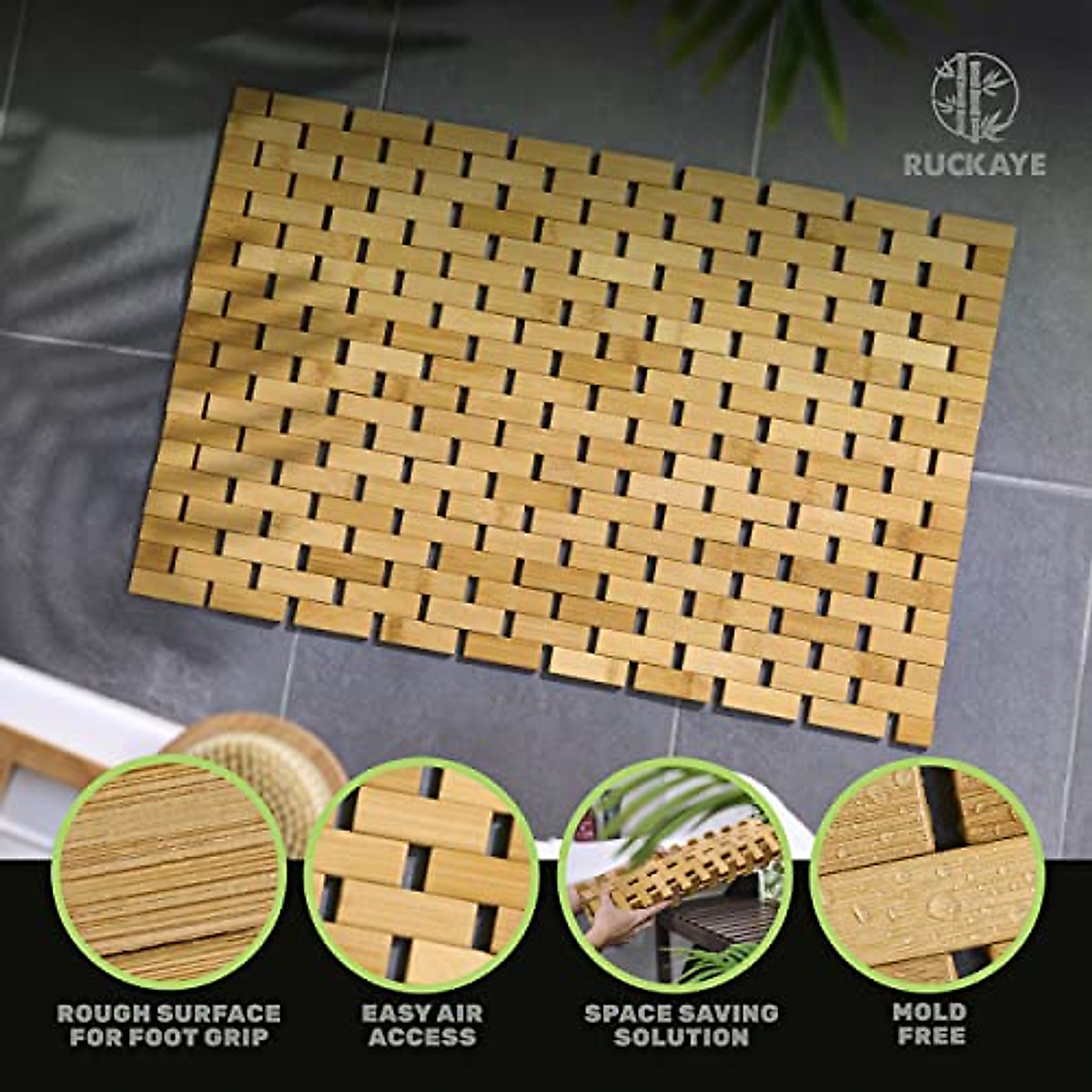 Ruckaye Bamboo Bath Shower Mat 24x16 Inches with Silicone Grip Pads – Foldable, Waterproof, Slip Resistant for Bathroom, Sauna, Spa, Kitchen & Outdoors– Environment Friendly