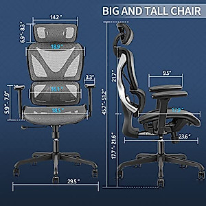GABRYLLY Office Chair, Large Ergonomic Desk Chairs, High Back Computer Chair with Lumbar Support, 3D Armrest, Breathable Mesh, Adjustable Headrest, with Tilt Function, (Grey)29.5D x 40.9W x 51.2H Inch