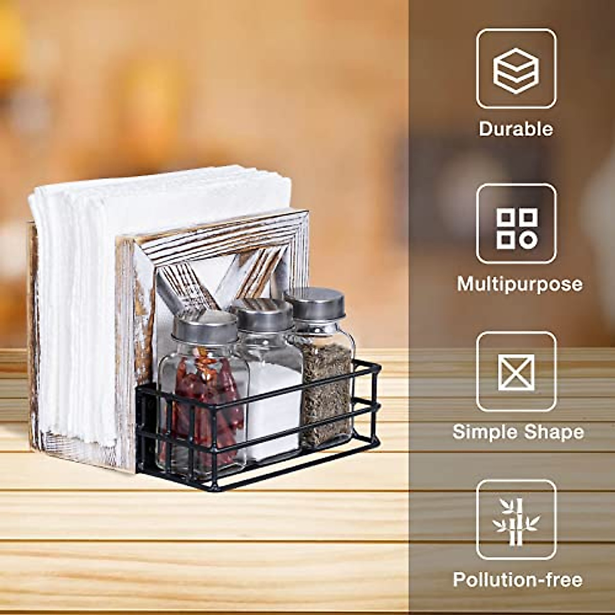 CZMIYRPY Wooden Farmhouse Napkin Holder - White Rustic Napkin Holder for Salt and Pepper Shakers for Table, Napkin Caddy for Table, Kitchen, Wedding, Party