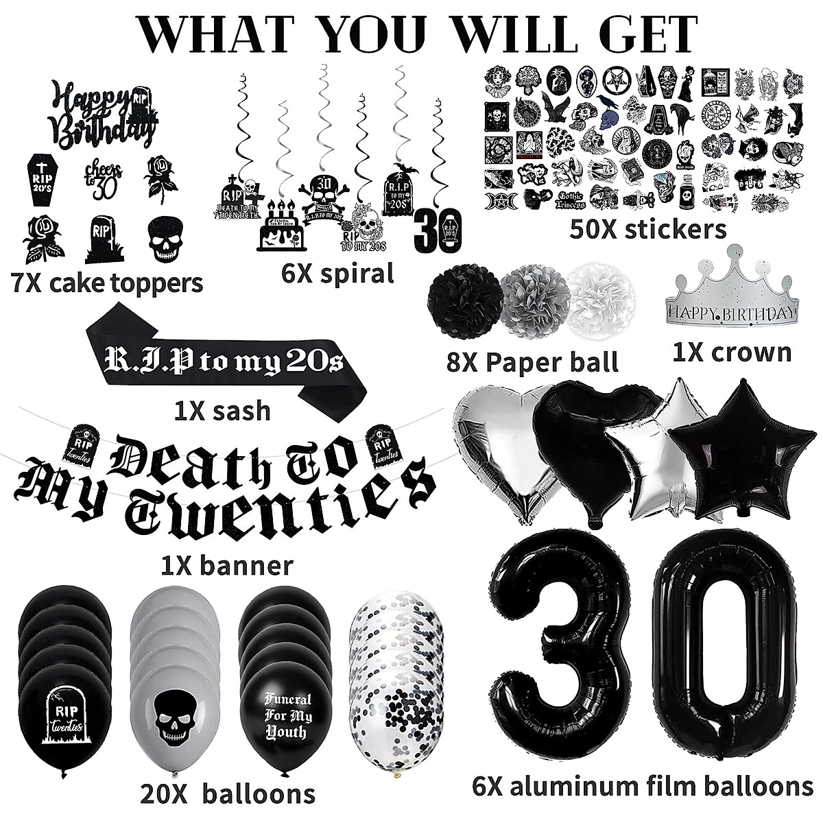 Black 30th Birthday Decorations for Women or Men, Death to My 20s Decorations, Death to My Twenties Banner Number 30 Balloons Rip to My 20s Sash Cake Toppers for Rip 20s Birthday Decorations