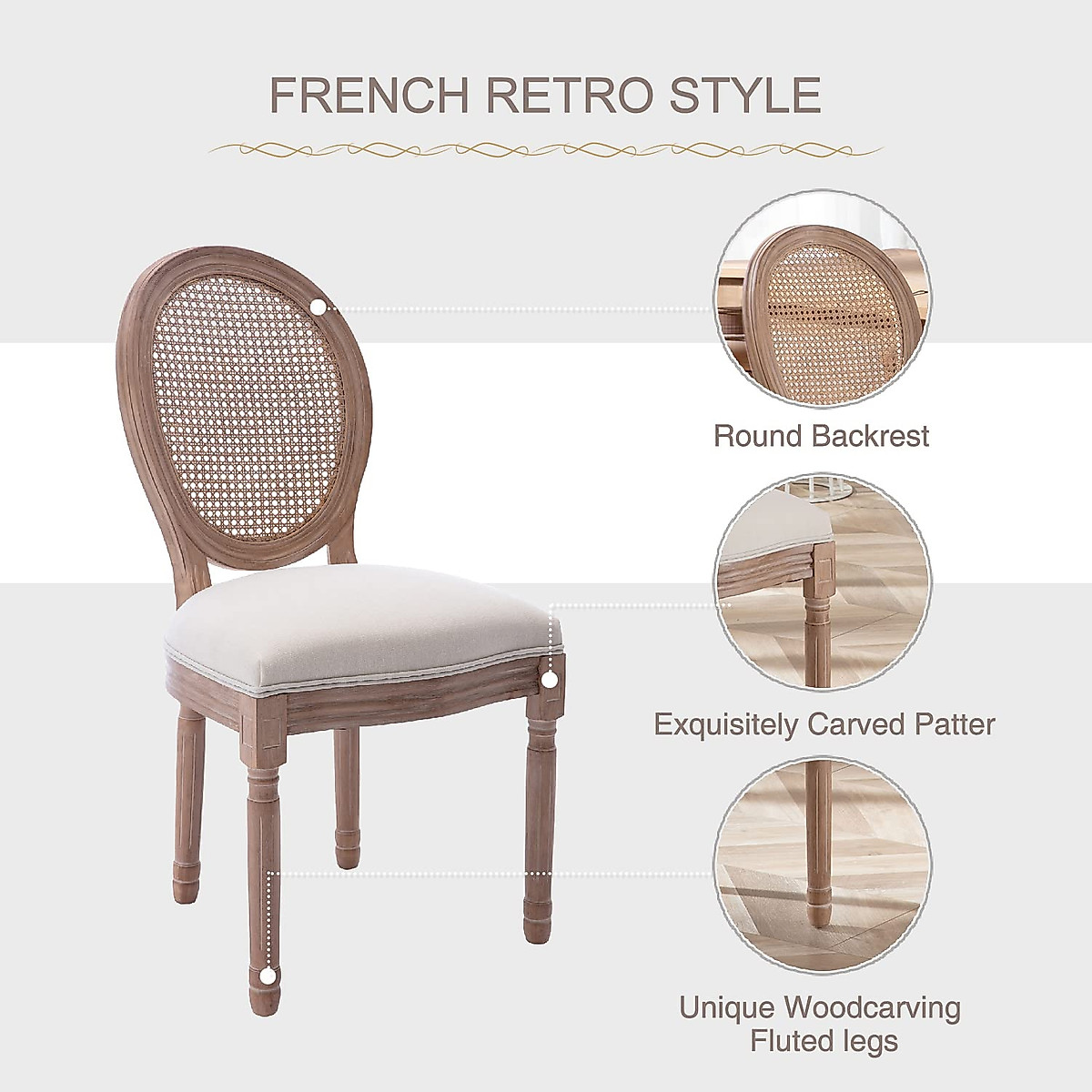 Virabit French Dining Chairs Set of 6, Rattan Farmhouse Upholstered Dining Chairs with Curved Backrest and Beautifully Carved Solid WoodFrame for Living Room, Kitchen, Restaurant