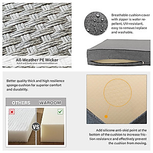 WAROOM Patio Furniture Set Gray Rattan 7 Pieces Outdoor Sectional Sofa PE Wicker Conversation Chairs with Propane Fire Pit Table and Non-Slip Thick Grey Cushion