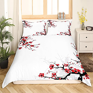 Japanese Duvet Cover Twin Size,Kids Girls Spring Cherry Blossom Comforter Cover Asian Botanic Themed Pattern Fresh Organic Art Bedding Set, Branch of Red Flowers Decorative Bedspreads White Black