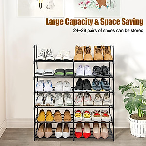 Lubardy 6 Tier Shoe Rack for Entryway 24-28 Pairs Double Row Durable Metal Shoe Storage Organizer for Closet Stackable Long Shoe Shelf Cabinet for Hallway (Black)