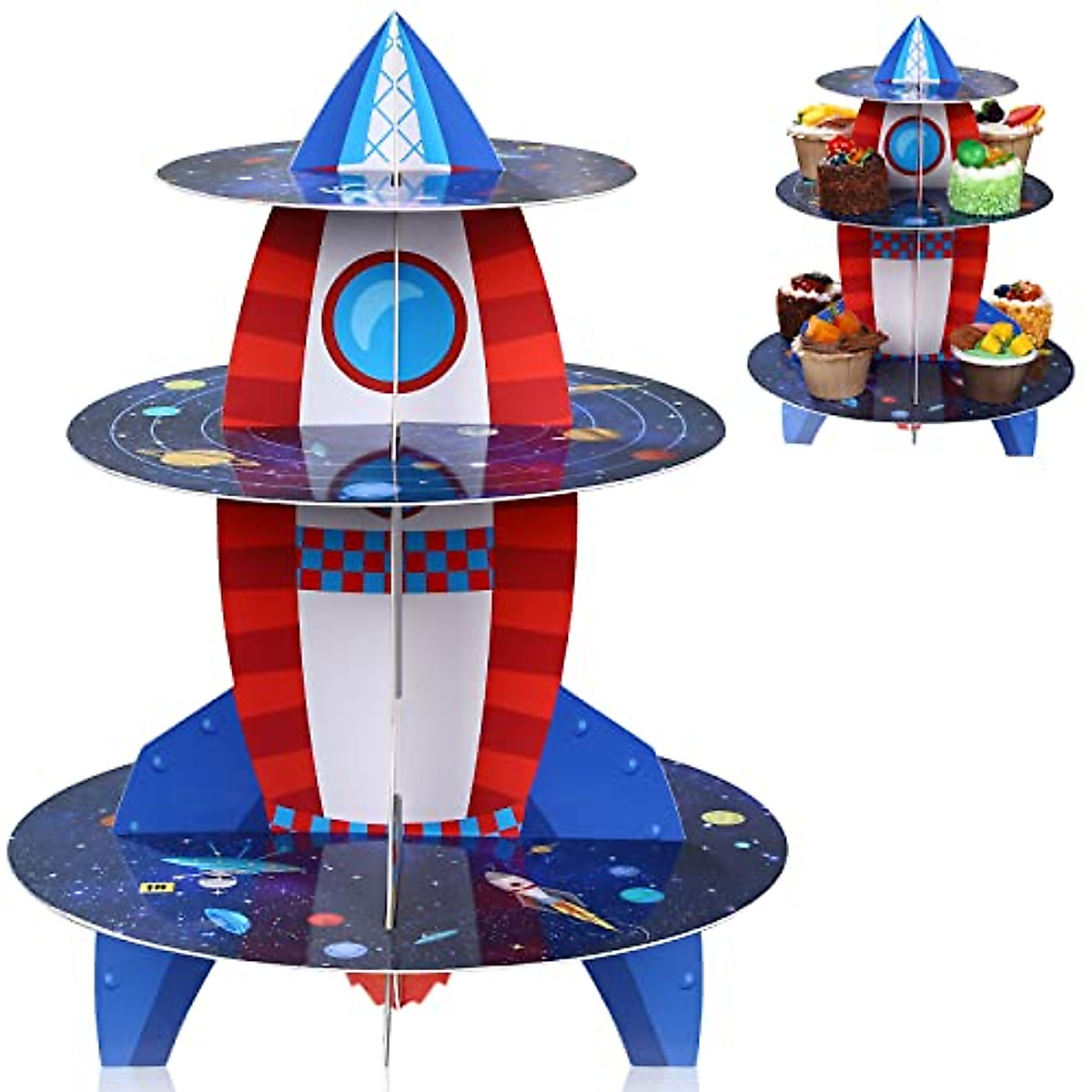 3 Tiers Rocket Cupcake Stand Outer Space Cardboard Cupcake Holder Galaxy Party Dessert Tower Solar System Treat Stand for Kids Space Birthday Decor Baby Shower Family Gathering Supplies