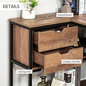 HOMCOM L-Shaped Home Offie Computer Desk with Storage Shelves, 2 Dawers and Industrial Steel Frame, Black/Brown