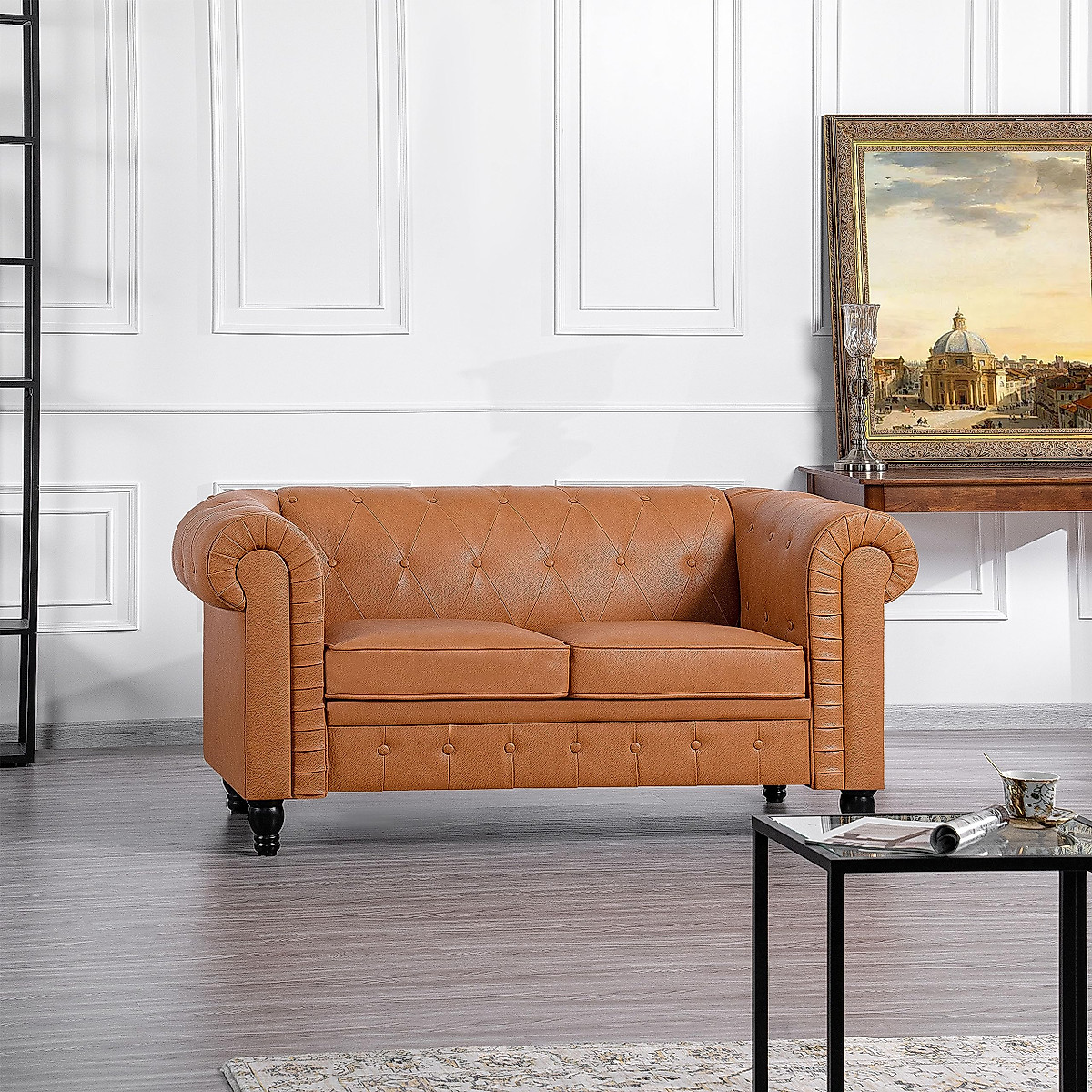Emery Chesterfield 3 Piece Living Room Sectional Sofa Set with Rolled Arms, Tufted Cushion Sofas for Living Room Set Includes Sofa, Loveseat Couch, Accent Arm Chair / Easy Tool-Free Assembly – Caramel