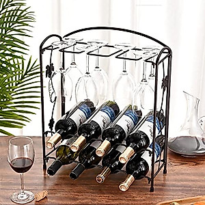 Countertop Wine Rack - Hold 8 Wine Bottles and 8 Glasses Multifunctional dis Assembly Small Wine Rack - 2 Tier Tabletop Wine Holder Stand for Cabinet, Pantry, Wine Bottle Storage（Black）