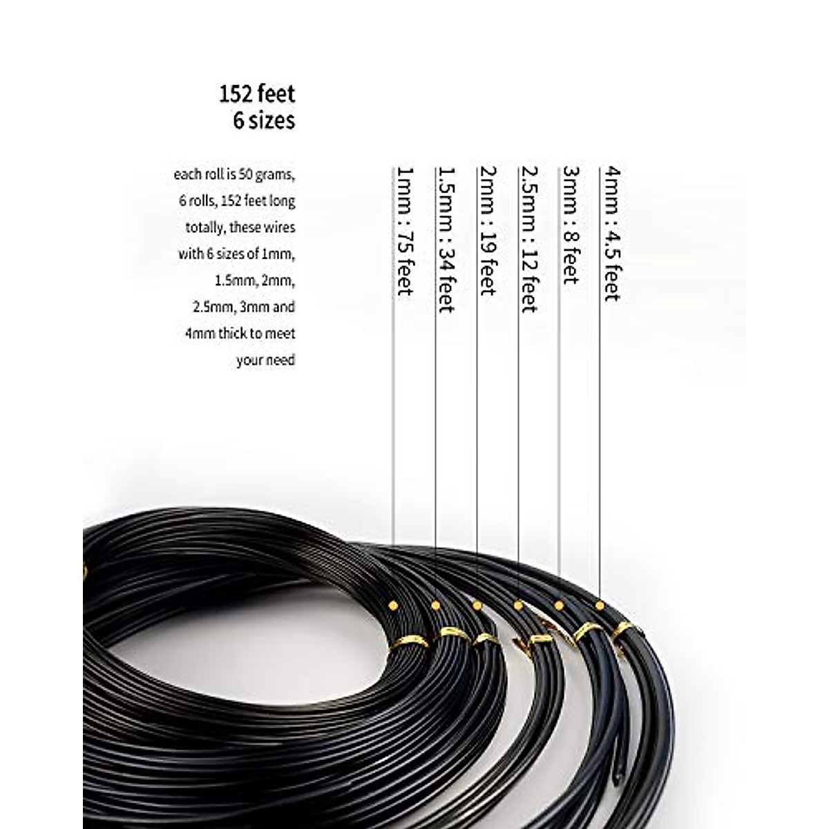 MoHern Bonsai Wire, 6 Sizes of 1mm, 1.5mm, 2mm, 2.5mm, 3mm, 4mm Black Aluminum Wire, Total 152 Feet Bonsai Tool Kit, 300 Grams Bonsai Tree Wire for Bonzai Trees Indoor