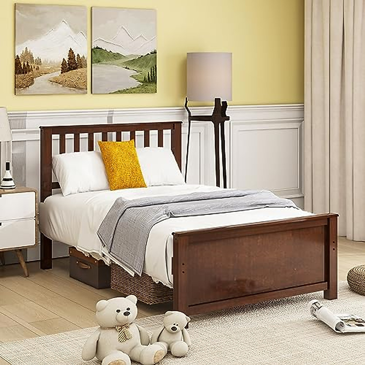 Merax Twin Size Platform Bed, Wood Twin Bed Frame with Headboard, Footboard and Wood Slat Support, No Box Spring Needed, Walnut