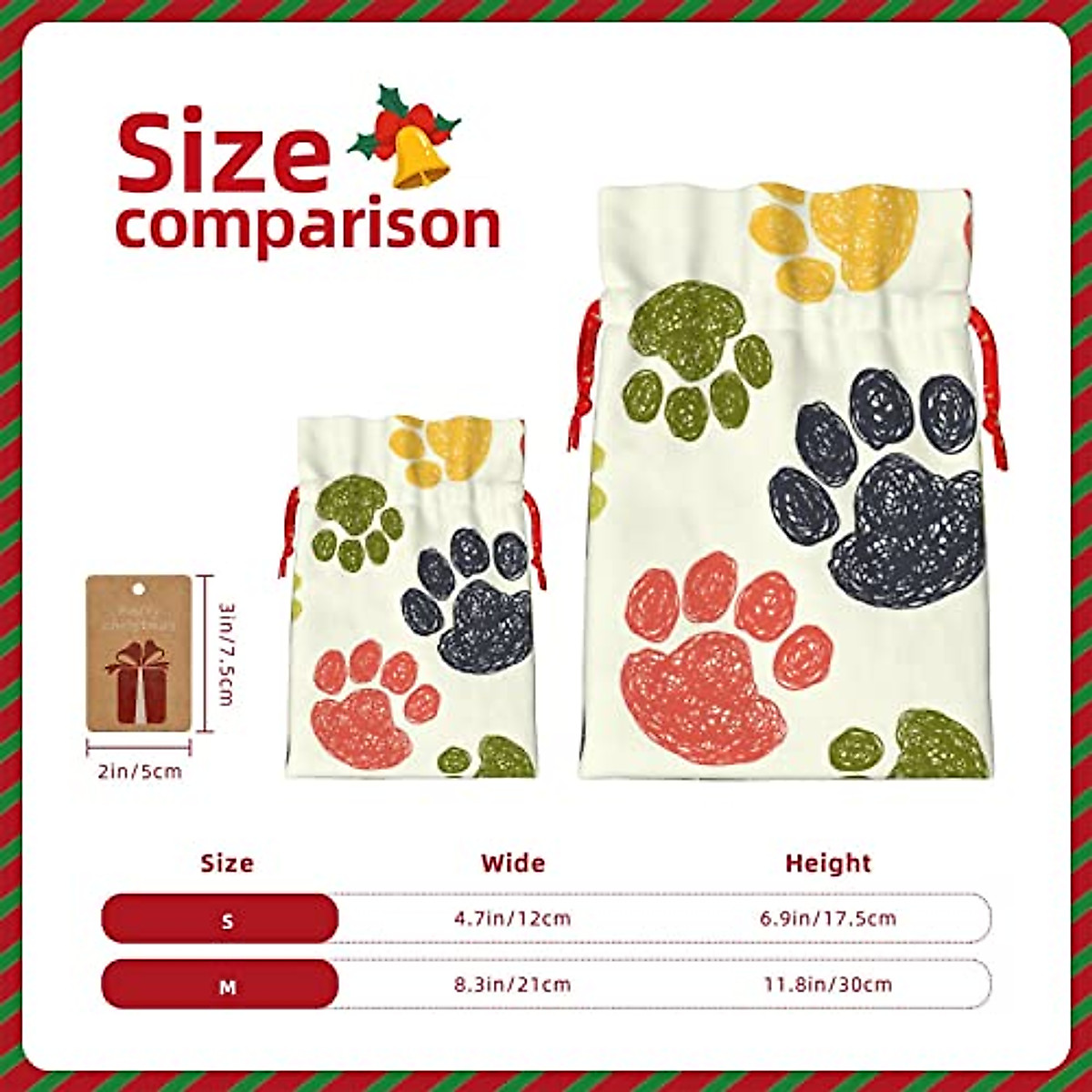 Drawstrings Christmas Gift Bags Colorful-Doodle-Paw-Rainbow Presents Wrapping Bags Xmas Gift Wrapping Sacks Pouches Medium