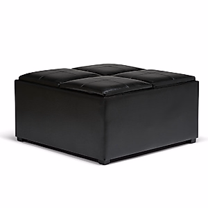 SIMPLIHOME Avalon Wide Contemporary Square Coffee Table Storage Ottoman Vegan Faux Leather, Assembled, for The Living Room and Bedroom, 35 inch, Midnight Black