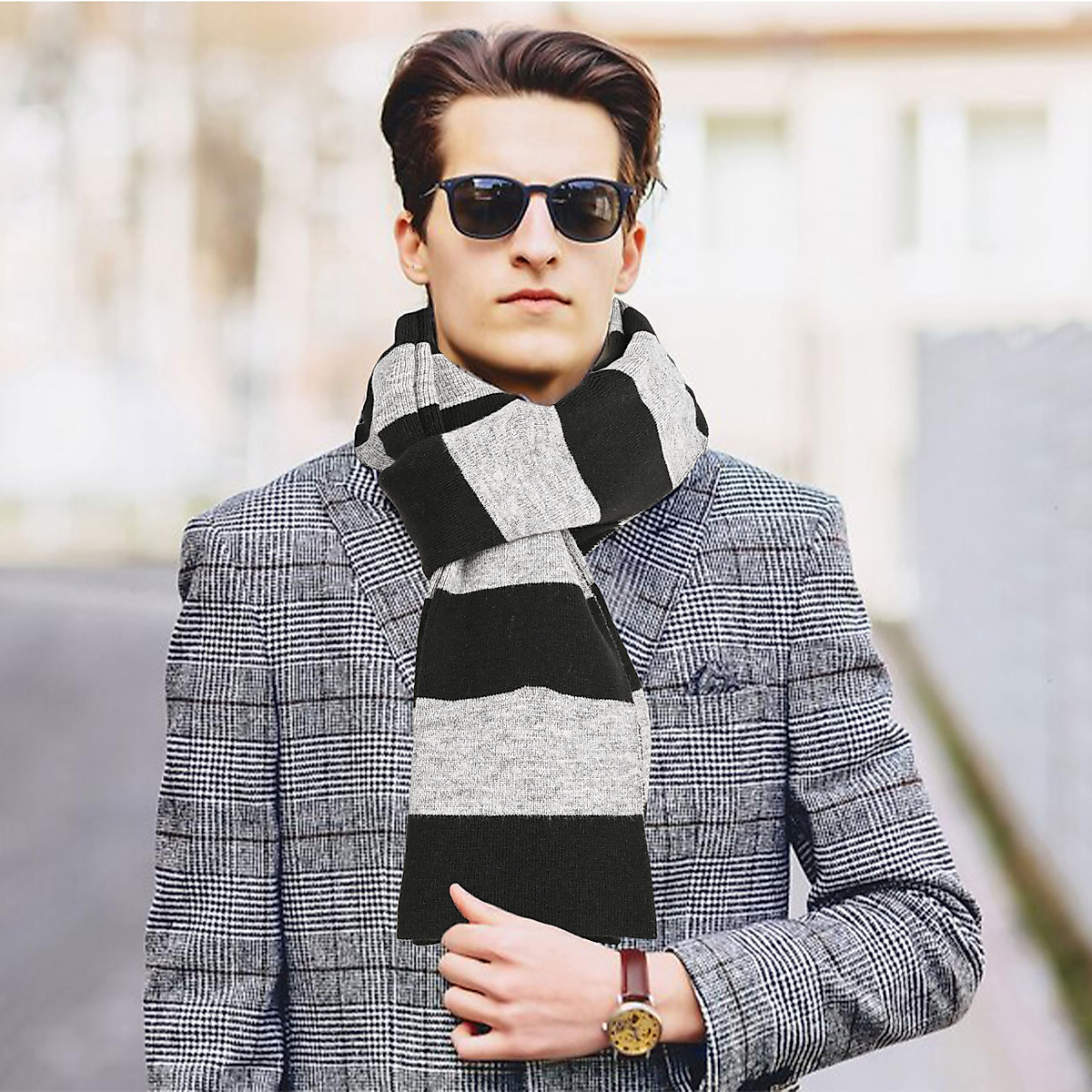 Gru Costume Scarf, Winter Cashmere Feel Knit Scarf for Men Women Classic Black Gray Striped Scarves Fall Lightweight Long Scarf Soft Shawl for Halloween Christmas Costume Father Gifts (Grey & Black)